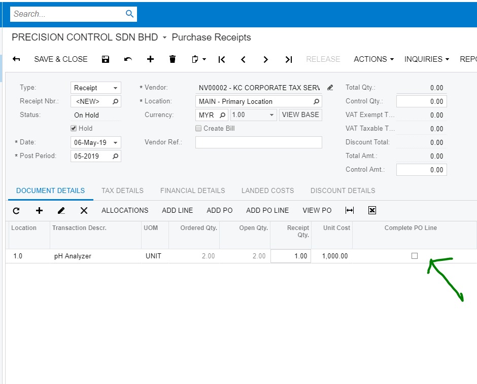 Purchase Receipt-> Complete PO Line • Everything Else • Acumatica User Group Forums