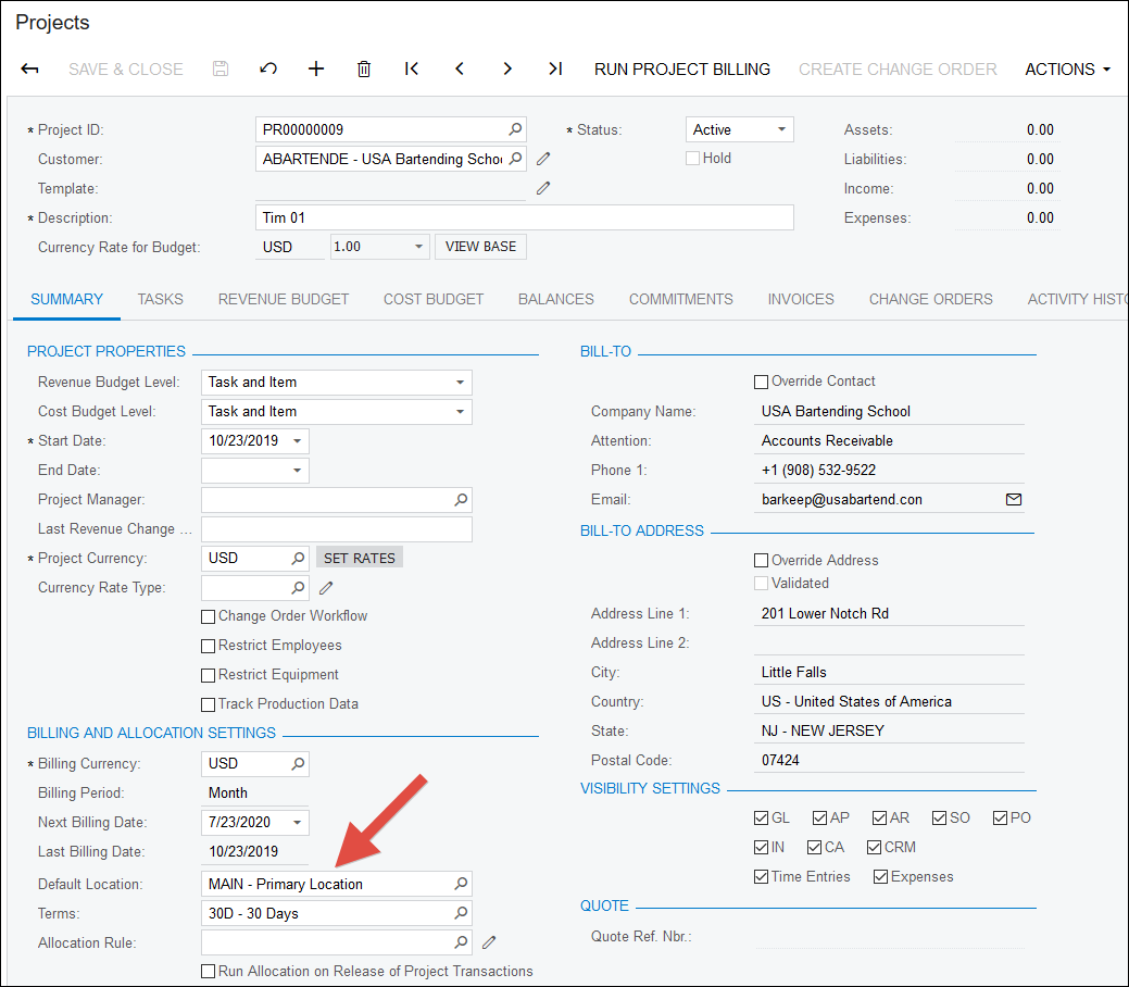 Customer Location on Projects (Project Default Customer Location) • Everything Else • Acumatica ...