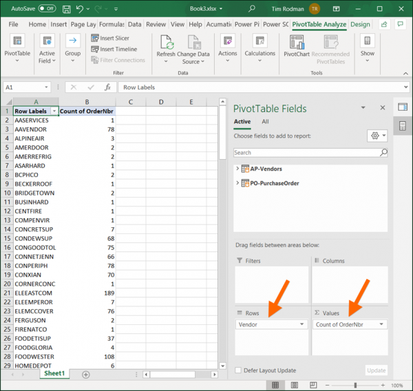 Acumatica Comma-Separated List of Purchase Orders for a Vendor using Microsoft Excel